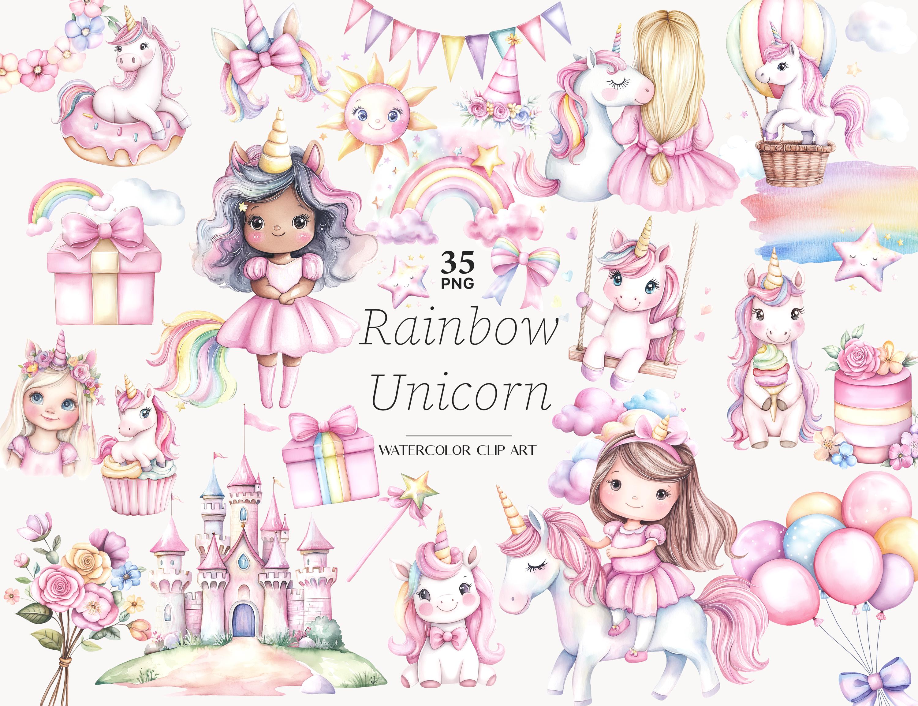 Rainbow Unicorn Clipart: Pink Birthday Party PNG Baby Shower Girl Clip ...