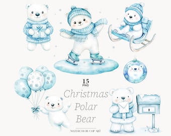 Watercolor Polar Bear Clipart | Winter Digital Graphic | Christmas ...
