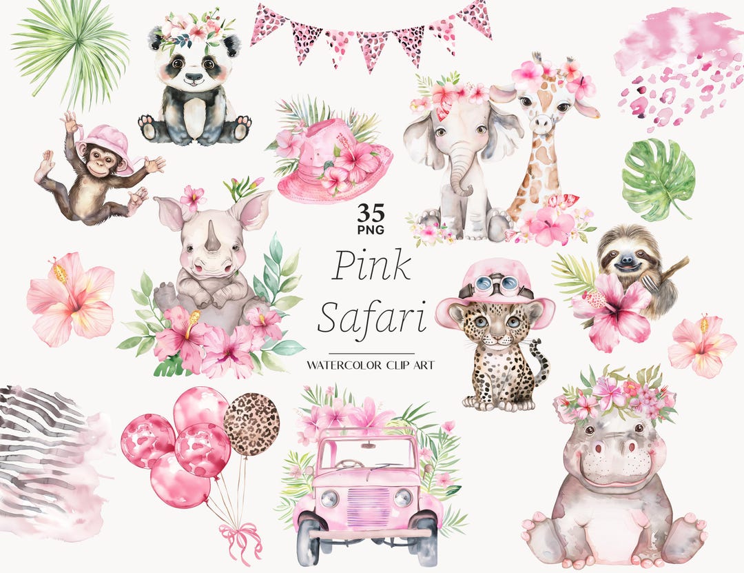 Pink Safari Clip Art, Pink Safari Girl Clipart, Birthday Party Decor ...