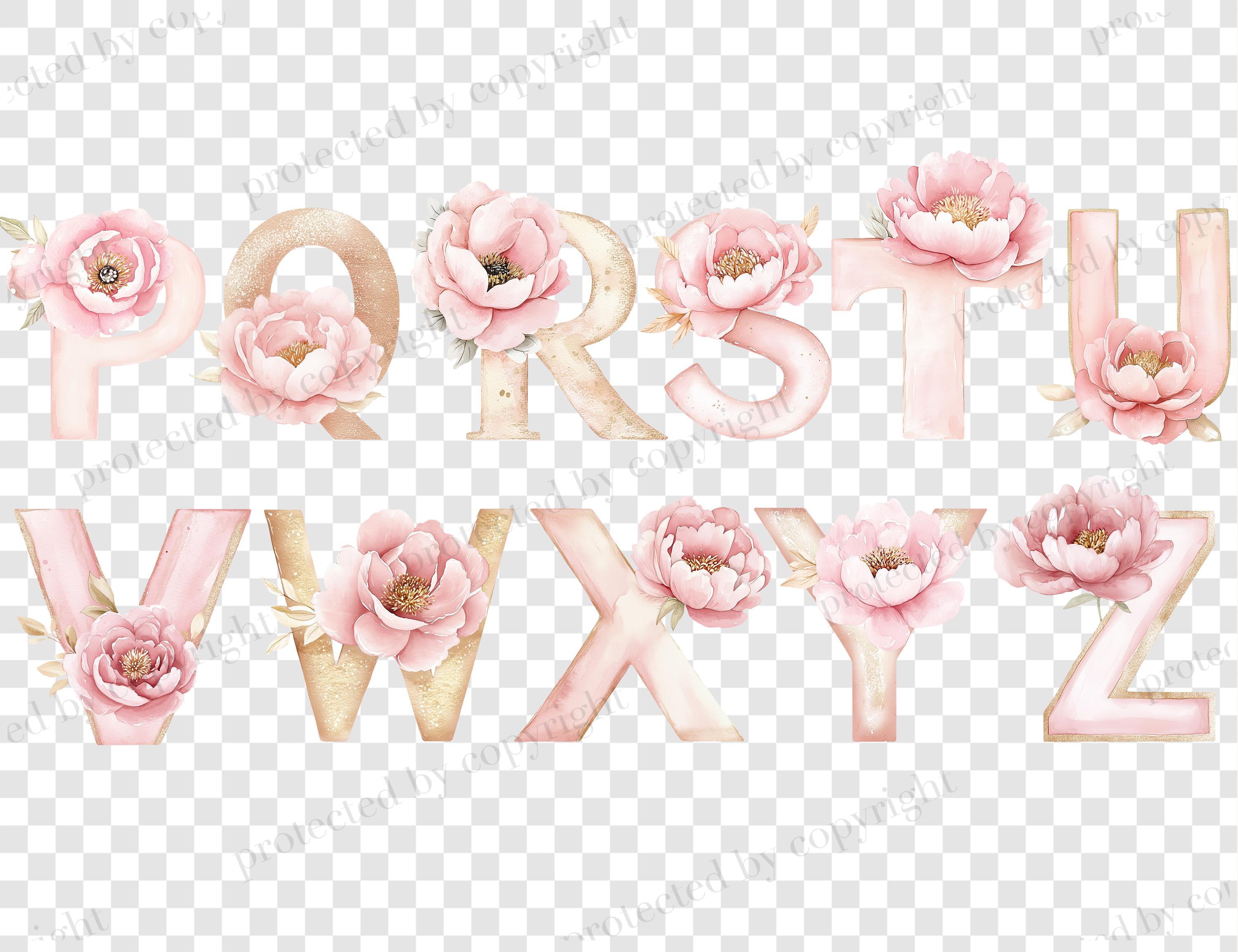 Pink Flowers Alphabet and Numbers Pink Gold Alphabet Pink Birthday Baby ...