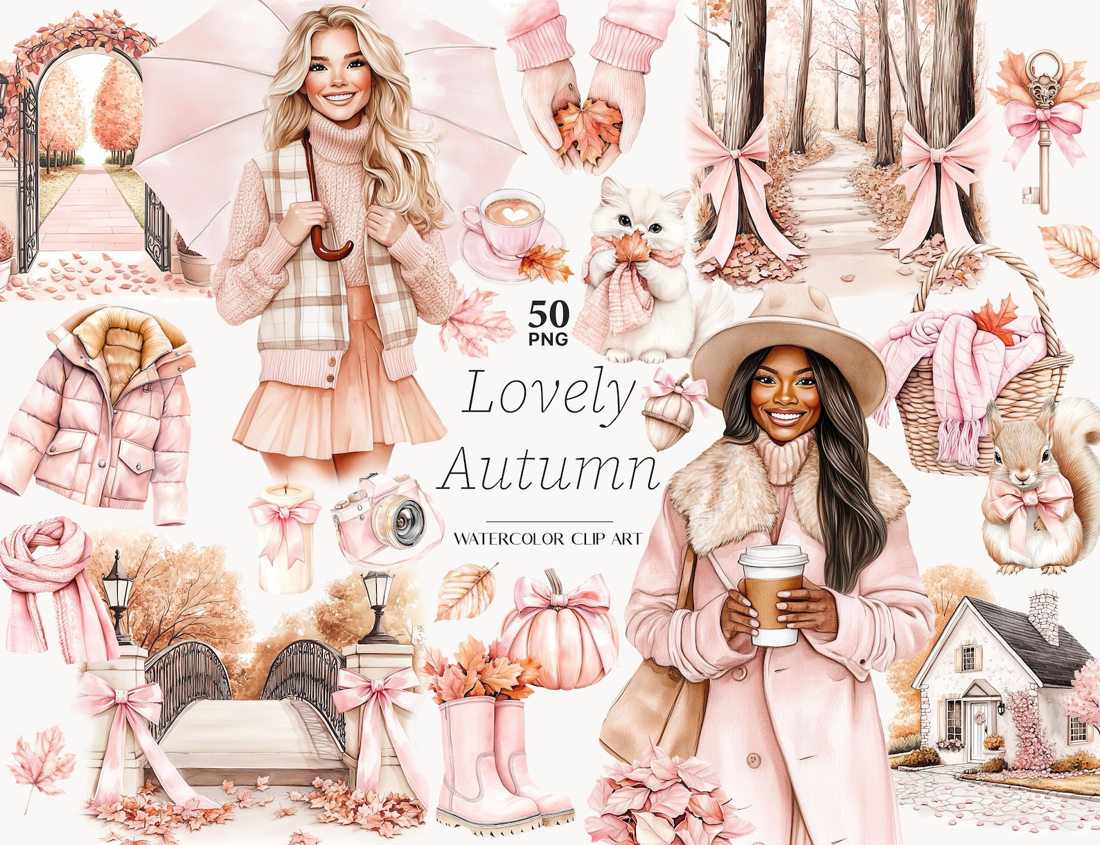 Pink Autumn Clipart: Coquette Fall PNG Graphics (digital Download, 50 ...