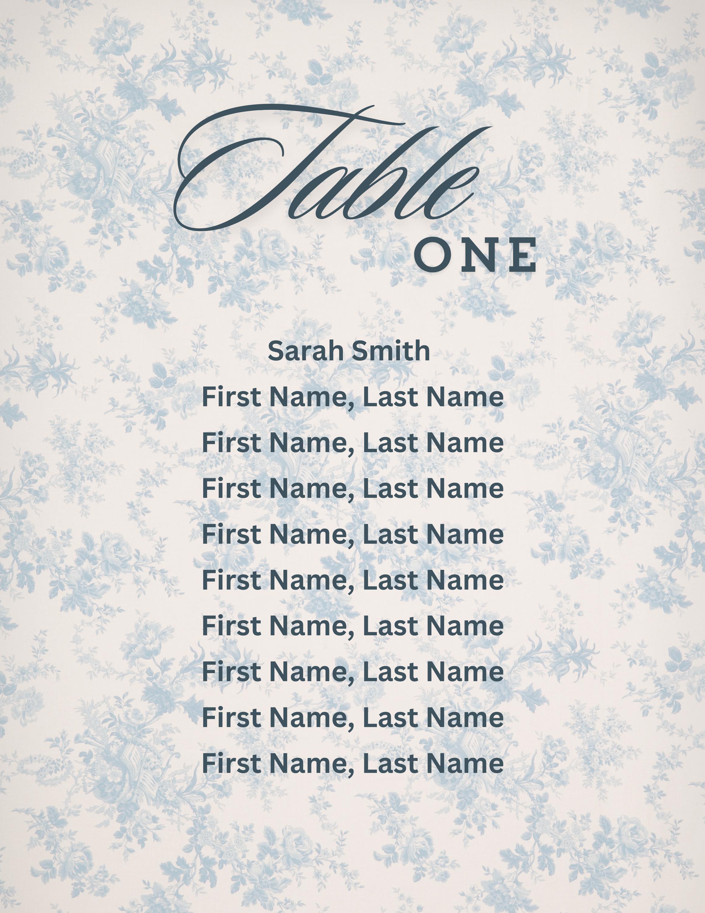 Blue Toile DIY Seating Chart | Fully Customizable Template for Weddings ...