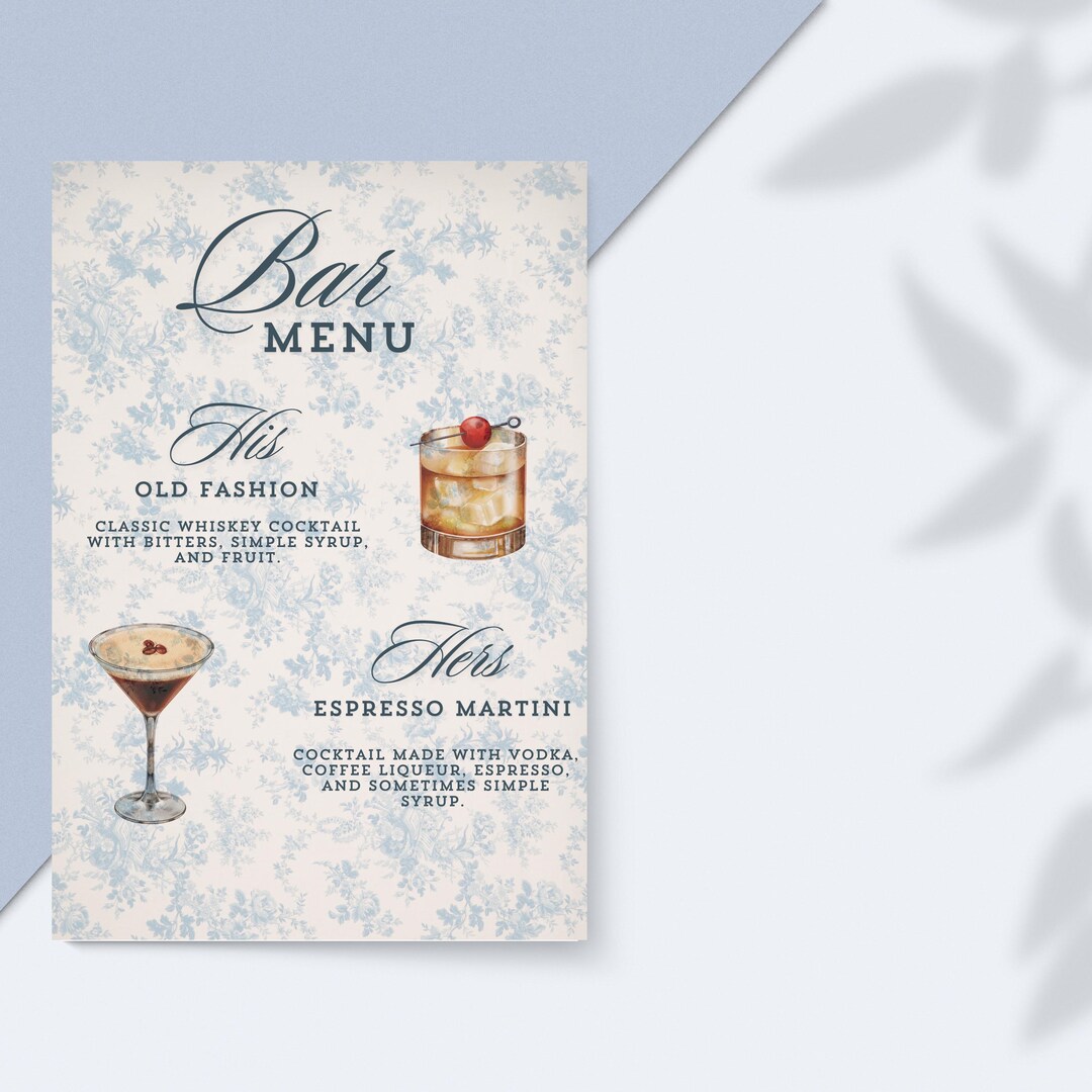Custom Blue Toile Wedding Bar Menu Sign | Editable Drink Menu Template ...