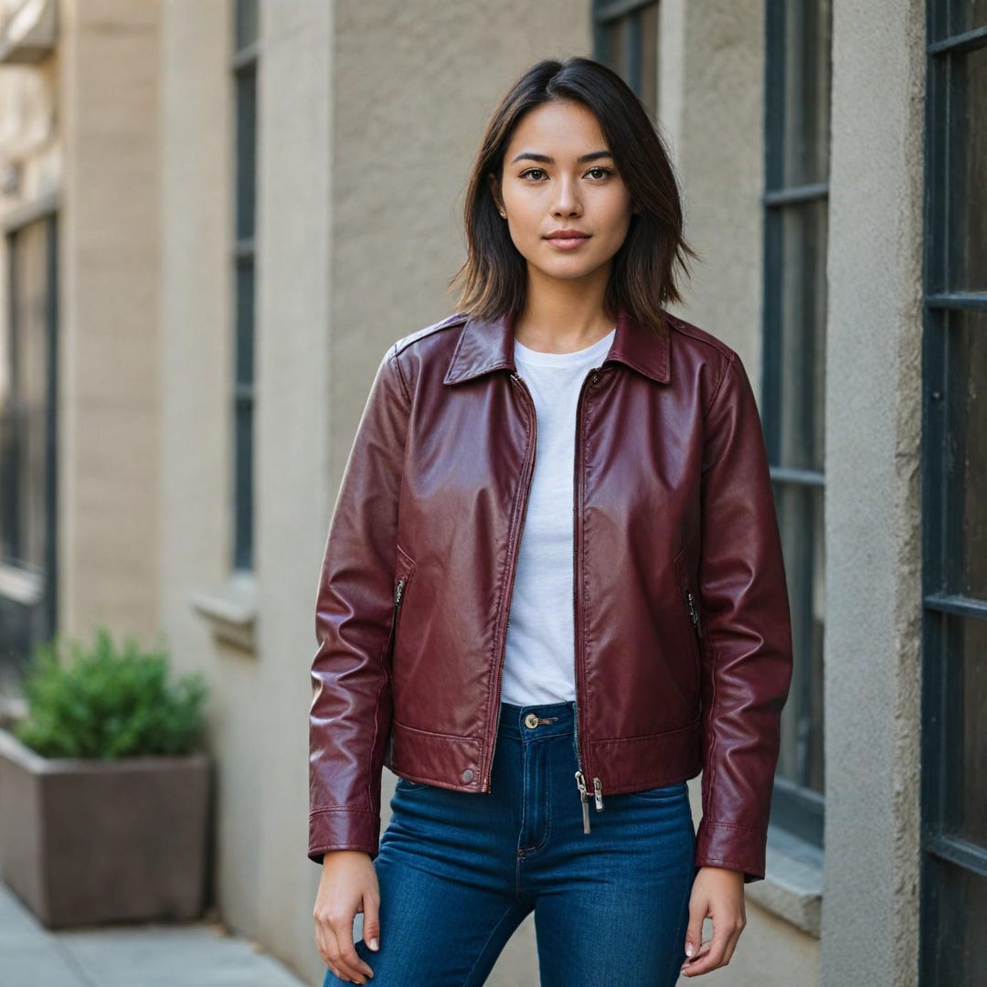 Women's Wine Red Leather Jacket Minimalist Short Collar Jacket Unisex ...
