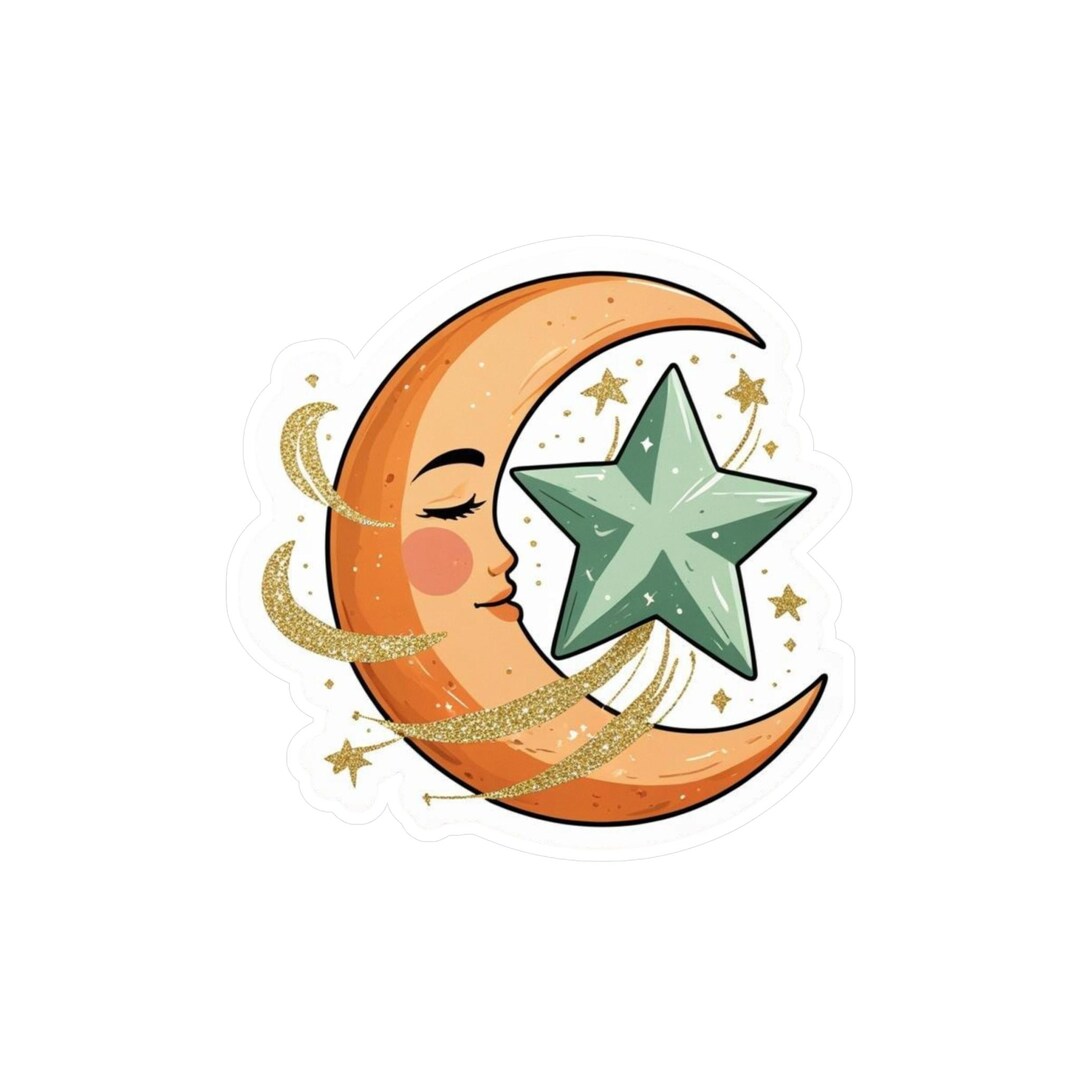 Crescent Moon Hugging Star Vinyl Decal: Mint & Orange Laptop Sticker - Etsy