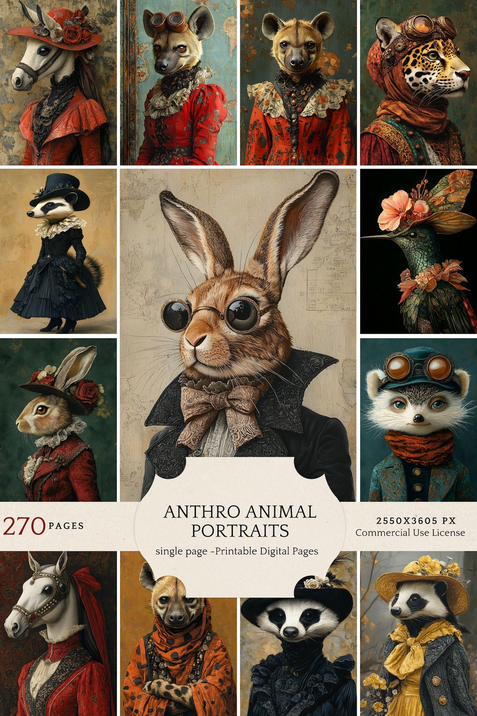 Anthro Animal Portraits, Junk Journal Animal Ephemera, Printable ...