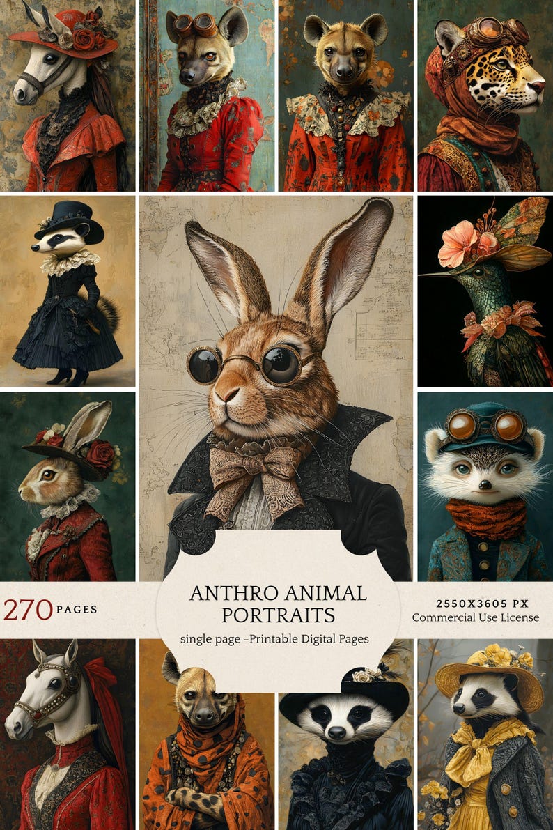 Anthro Animal Portraits, Junk Journal Animal Ephemera, Printable ...