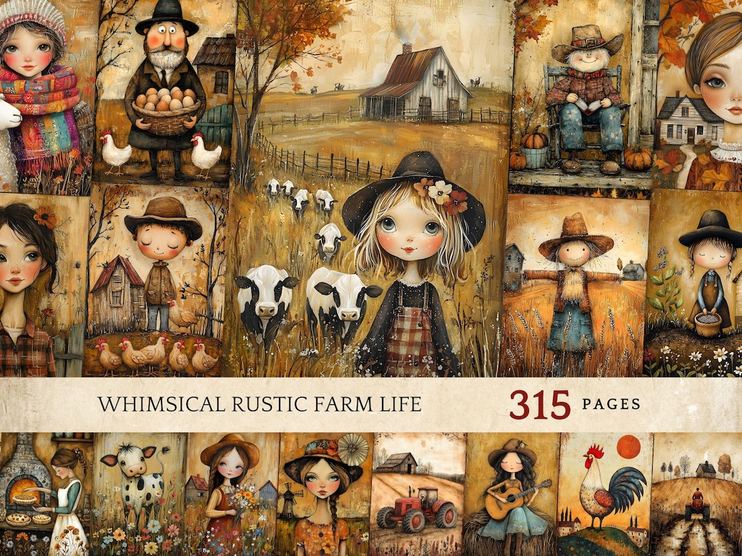 Whimsical Characters Farm Life, Rustic Folk Art illustrations ...
