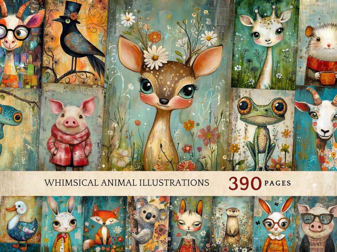 Whimsical Baby Animal Junk Journals Portraits, Nursery Art Digital ...