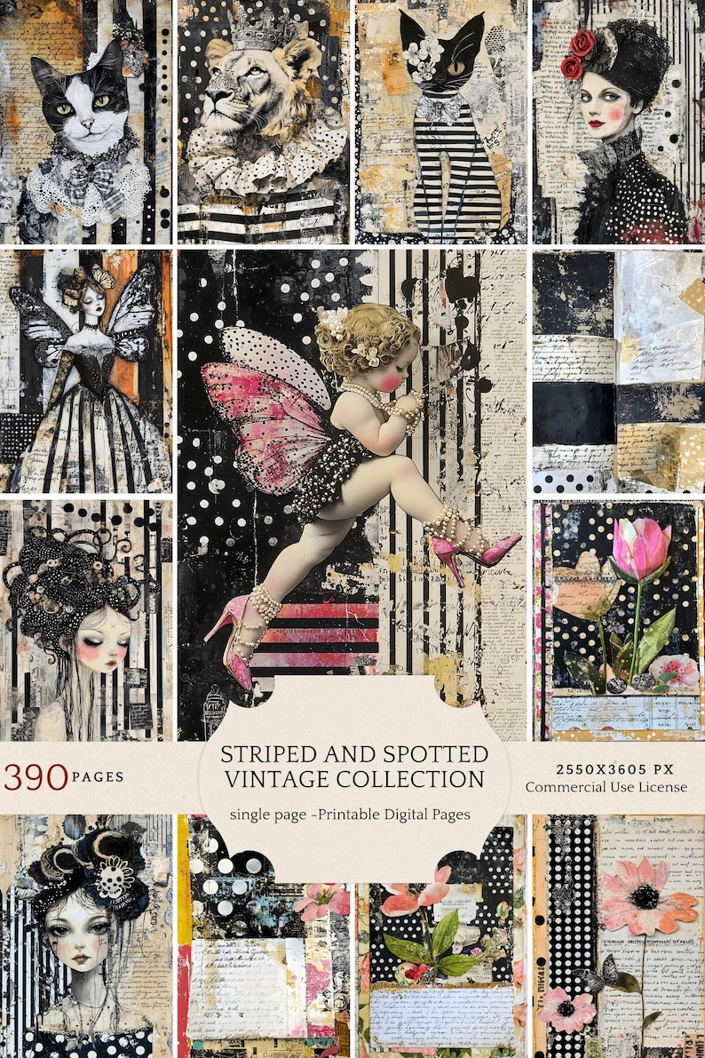 Vintage Collage Paper, Antique Striped Spotted Ephemera, Junk ...