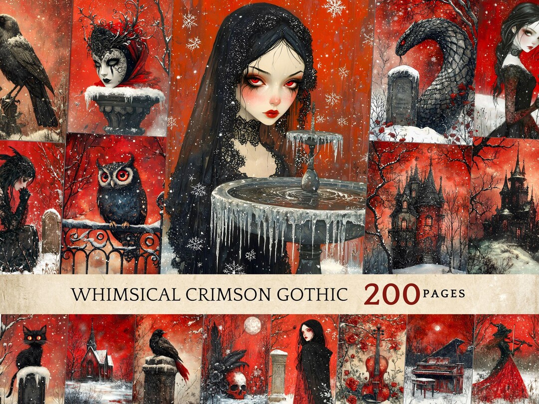 Whimsical Crimson Gothic Printable Art, Black Witchcore Digital Paper ...