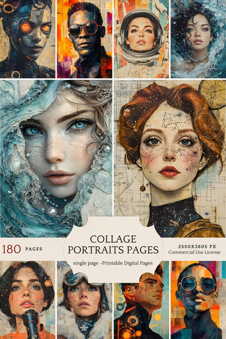 Collage Portrait Art Pages, Grungy Mixed Media Journal Kit, Distressed ...