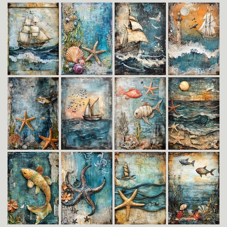 Mixed Media Sea Inspired Junk Journal Pages, Vintage Nautical Ocean ...