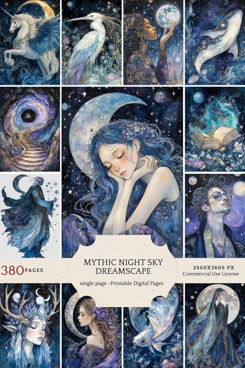 Mythic Night Digital Paper, Watercolor Fantasy Art, Witchy Celestial ...