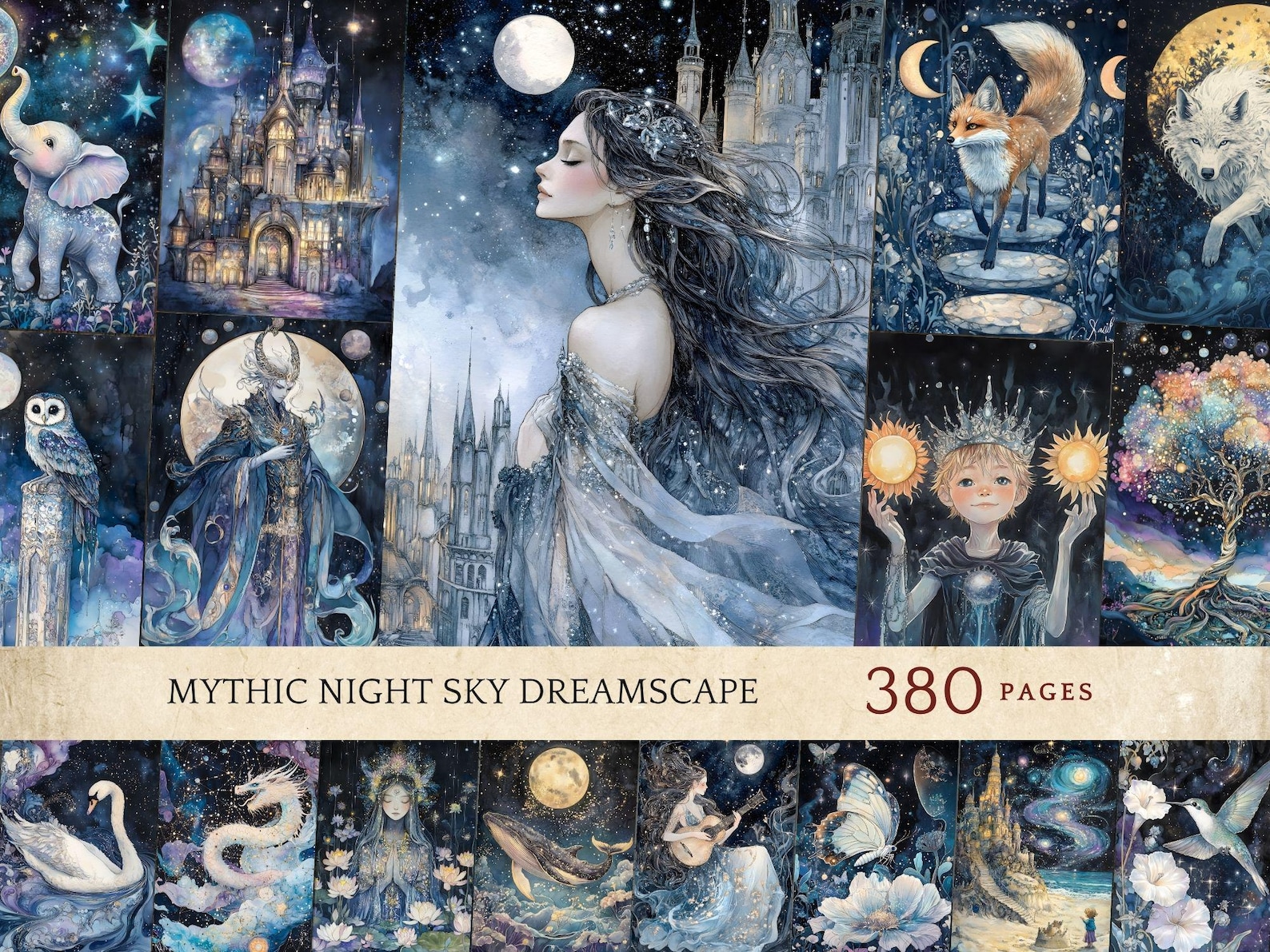 Mythic Night Digital Paper, Watercolor Fantasy Art, Witchy Celestial ...