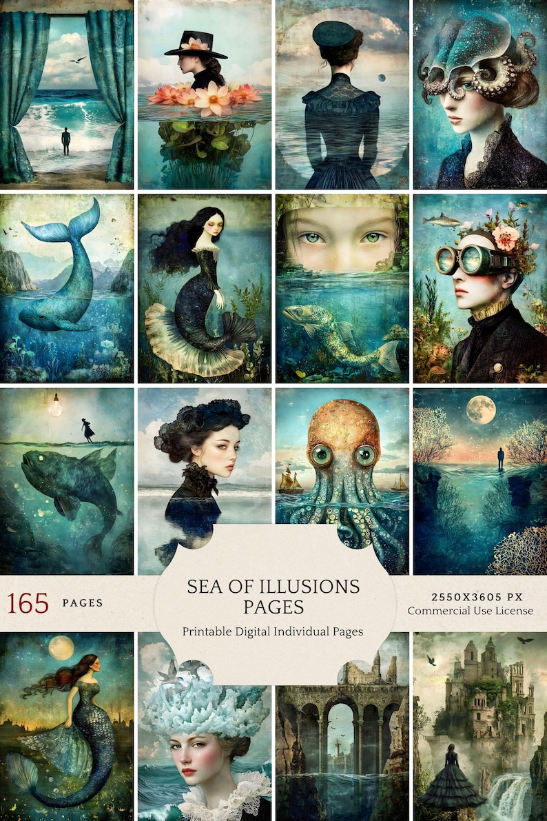 Ocean Fantasy Digital Paper, Whimsical Mermaid Whale Collage Pack ...