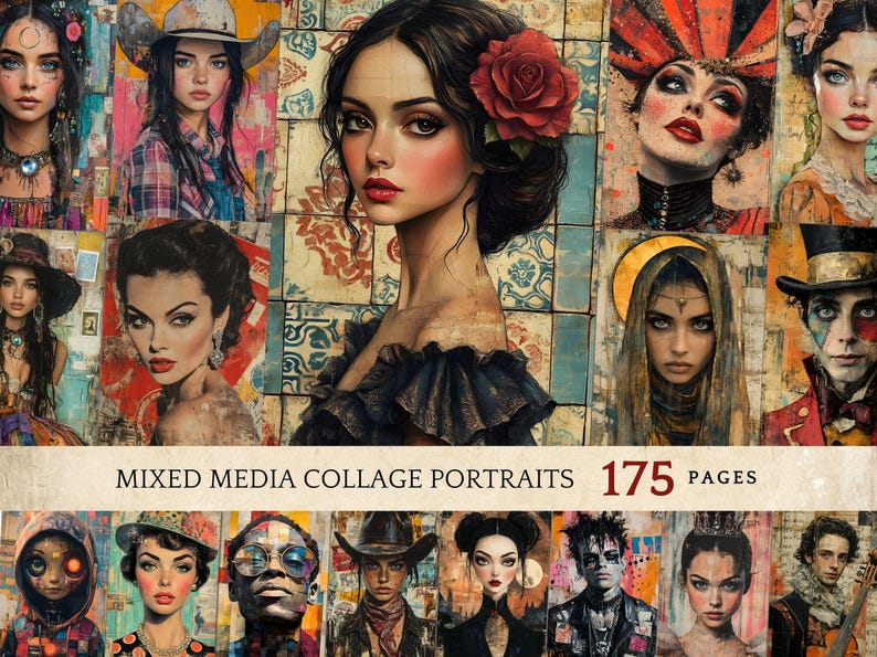 Mixed Media Collage Portrait, Whimsical Faces, for Scrapbook and ...