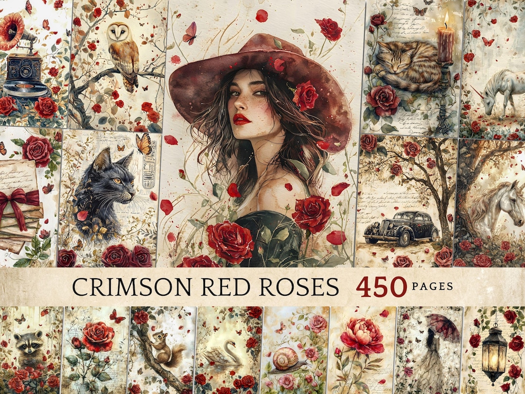 Red Roses Junk Journal Pages, Botanical Printables, Floral Journal ...