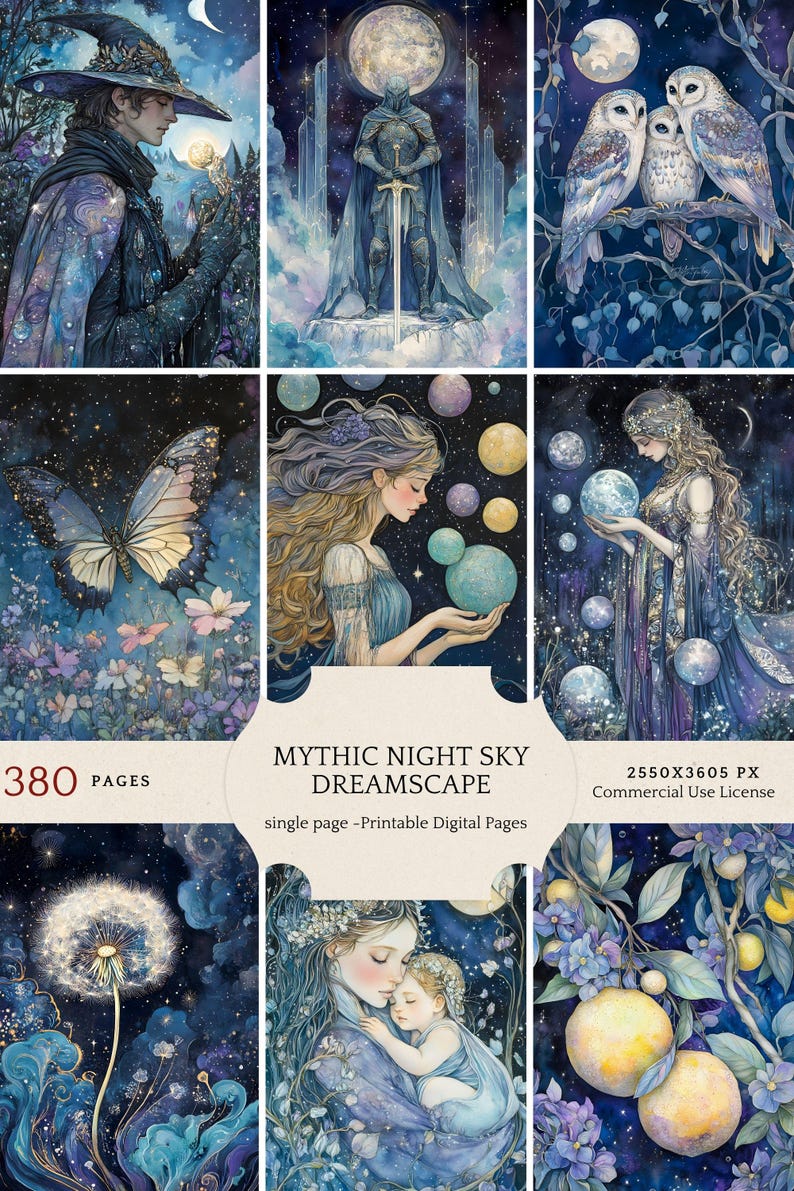 Mythic Night Digital Paper, Watercolor Fantasy Art, Witchy Celestial ...