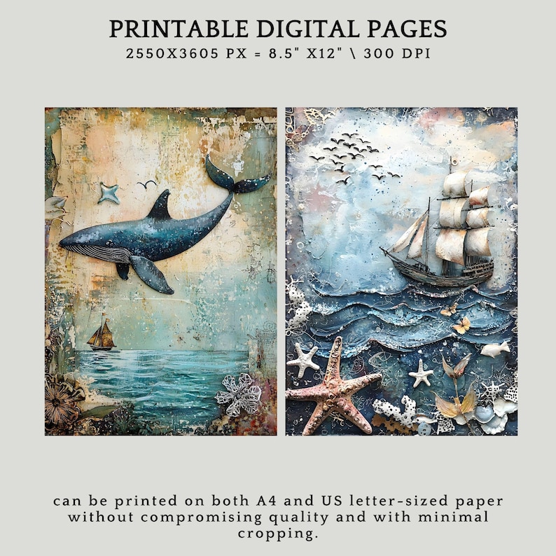 Mixed Media Sea Inspired Junk Journal Pages, Vintage Nautical Ocean ...