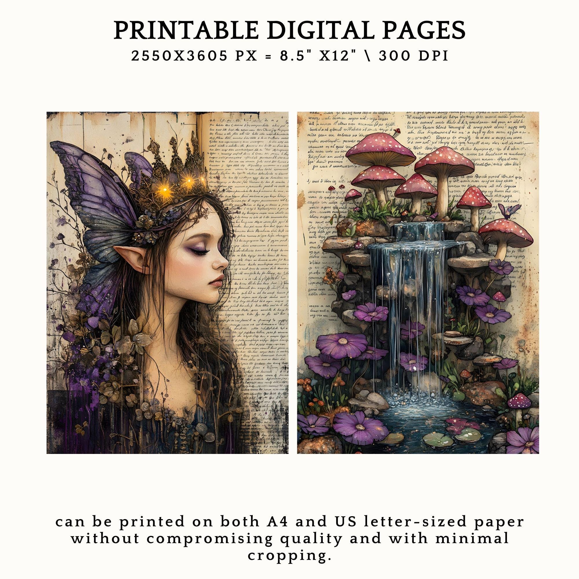 Enchanted Forest Fairy Art, Printable Digital Paper Pack, Purple Junk ...