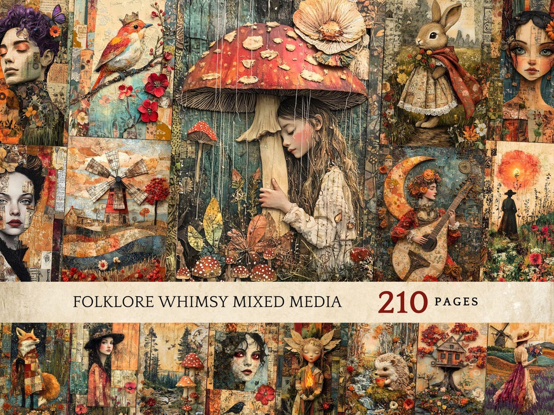 Folklore Whimsy Digital Paper, Mixed Media Art, Cottagecore Ephemera ...