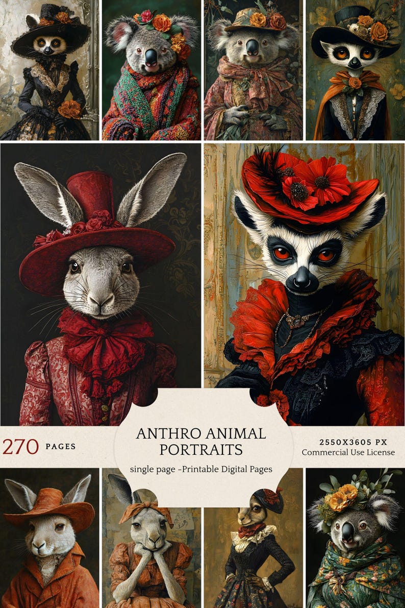Anthro Animal Portraits, Junk Journal Animal Ephemera, Printable ...