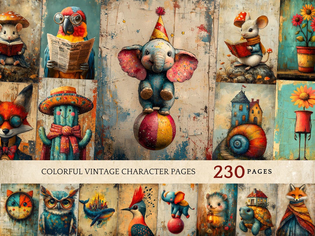 Playful Whimsical Characters Junk Journal Pages, Intage Ephemera ...