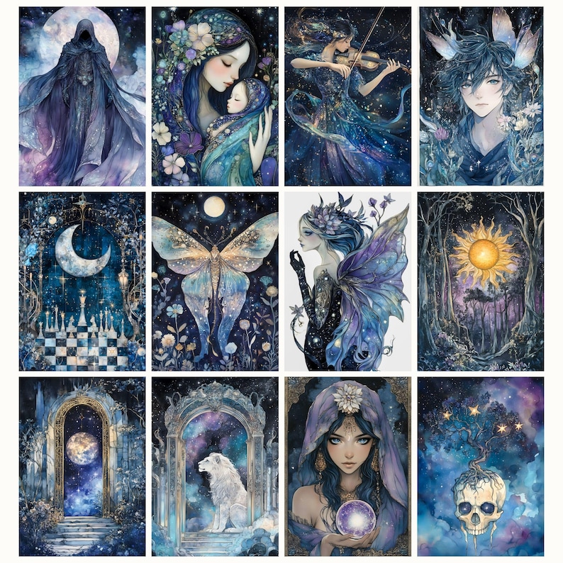 Mythic Night Digital Paper, Watercolor Fantasy Art, Witchy Celestial ...
