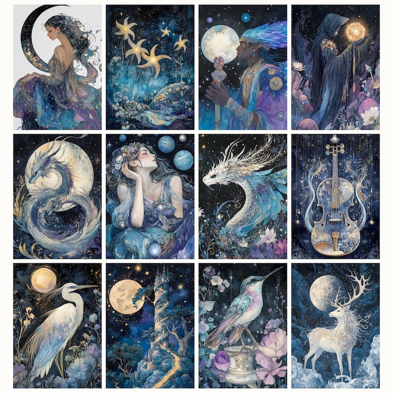 Mythic Night Digital Paper, Watercolor Fantasy Art, Witchy Celestial ...