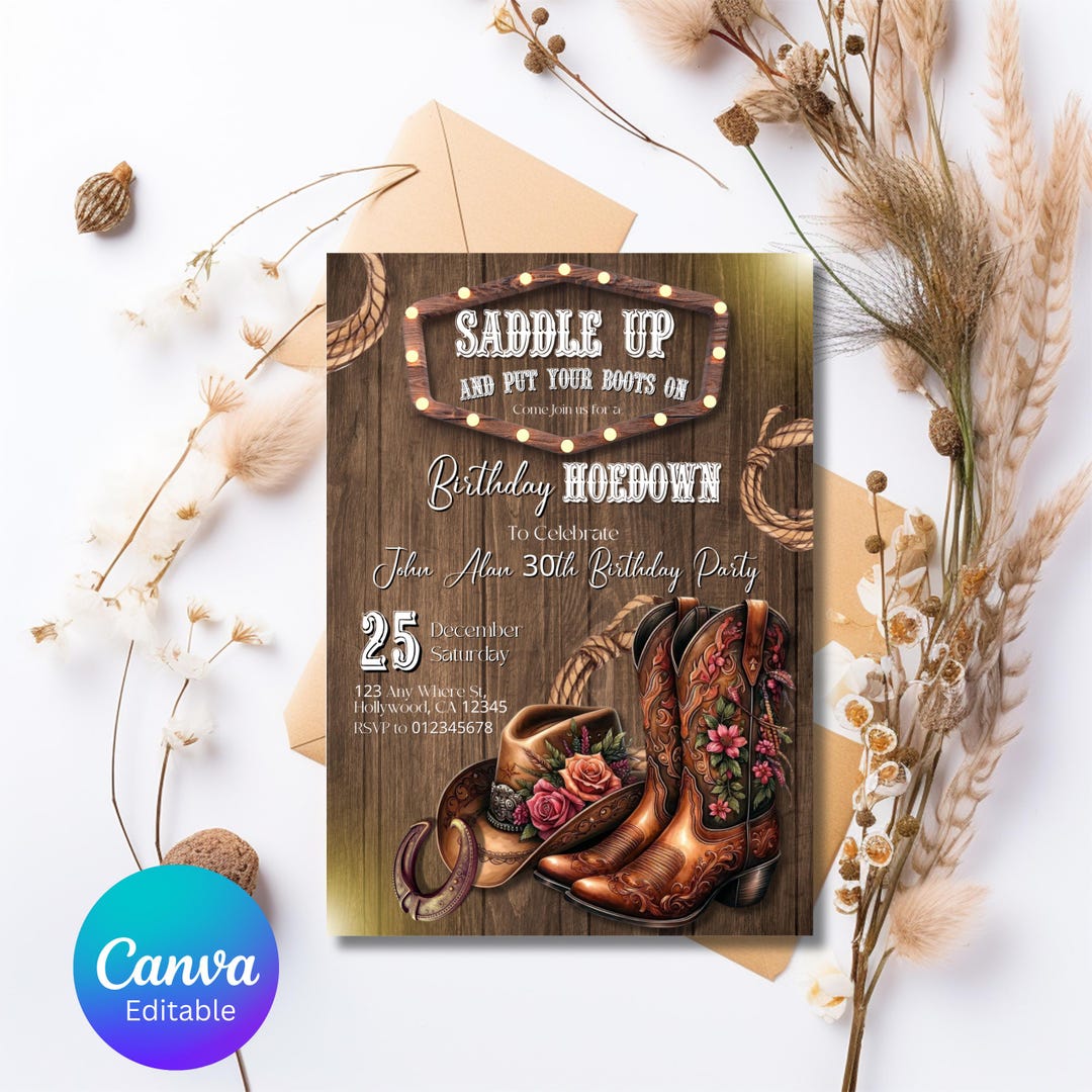 Western Hoedown Birthday Party Invitation, Saddle up and Put Your Boots On, Printable Cowboy ...