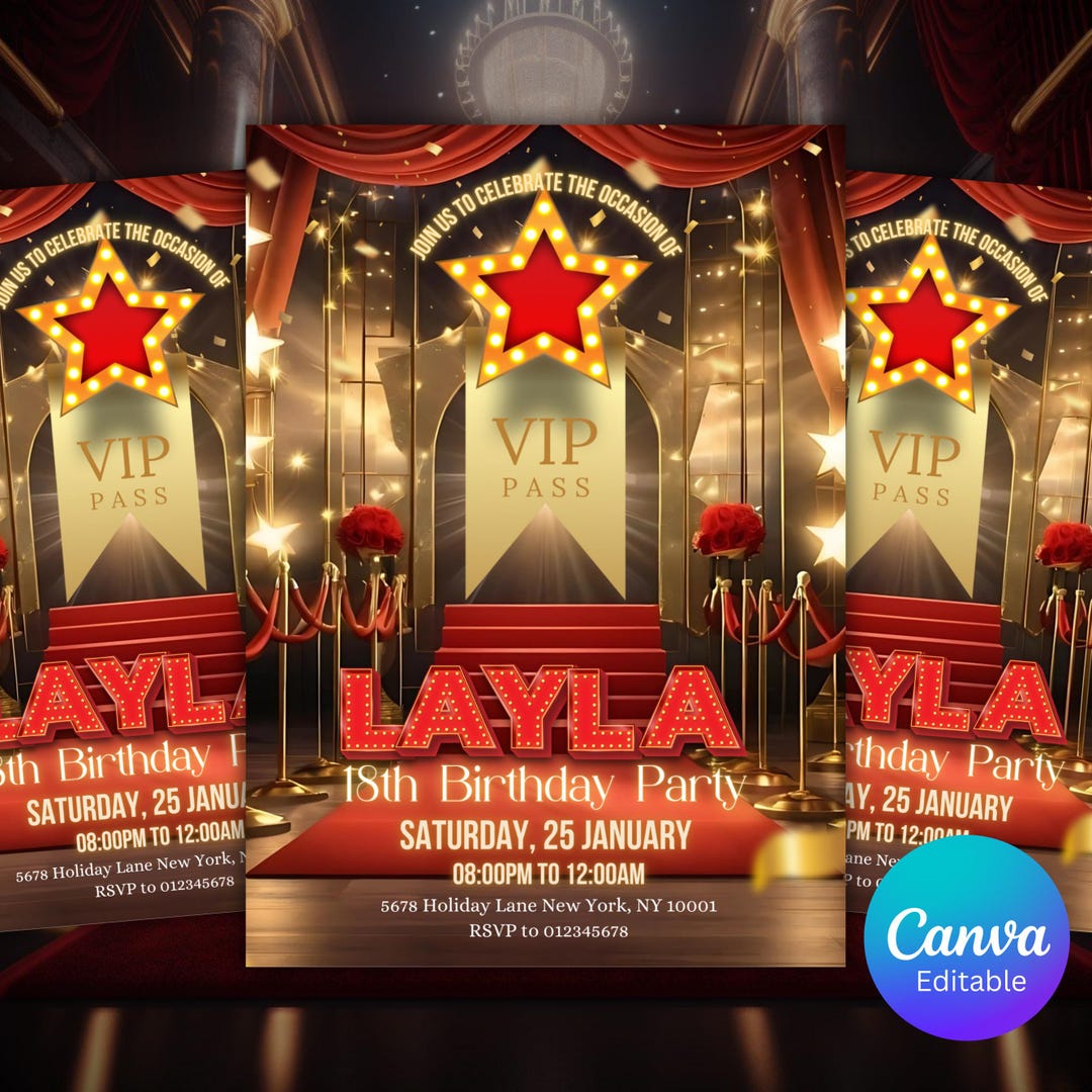 Red Carpet Invitation, Star VIP Pass Birthday Party, Glamorous ...