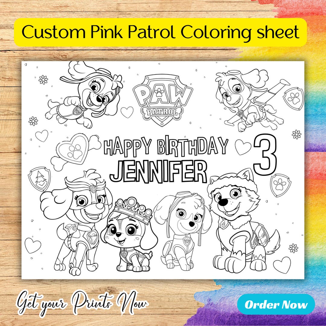 Customizable Pink Patrol Birthday Coloring Sheet Printable Gift Girls ...