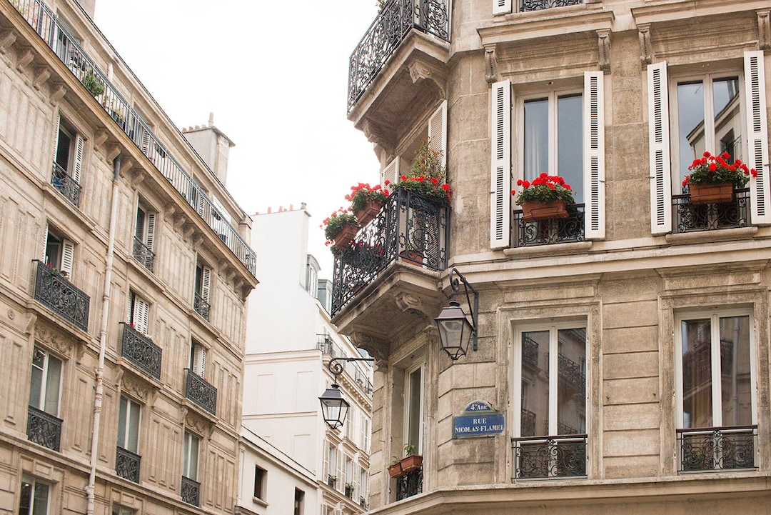 Paris Photography, Parisian Balcony on the Right Bank, Red Flowers ...