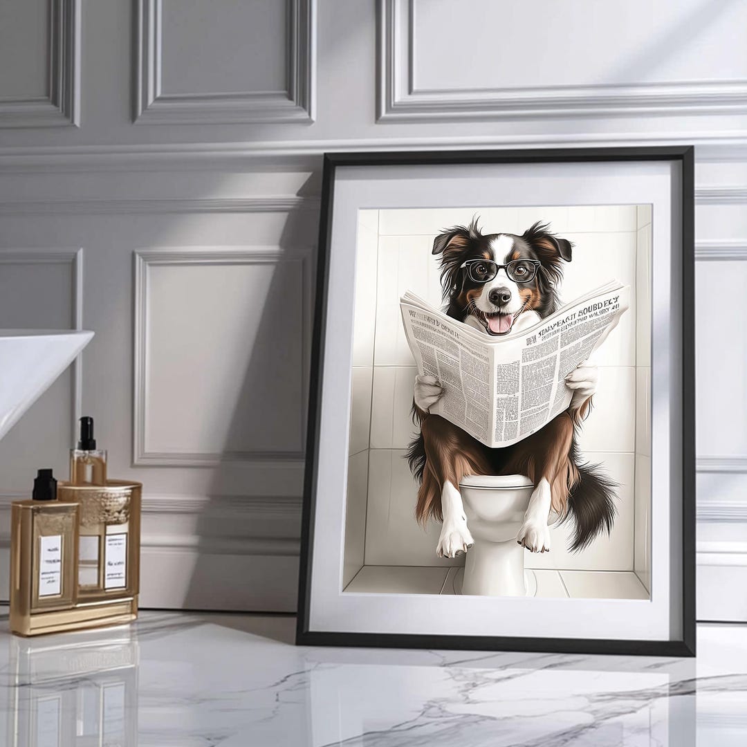 Border Collie Dog on Toilet Reading Newspaper Funny Dog Lover Digital ...