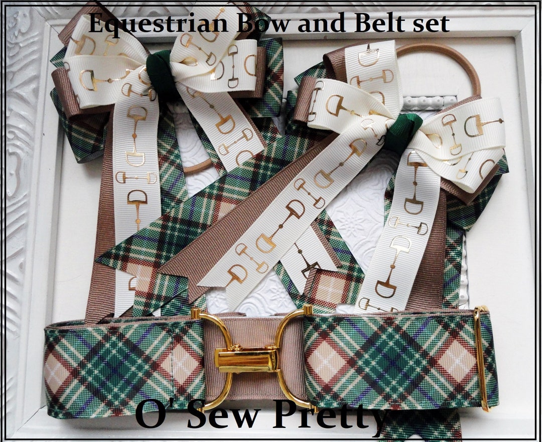 Equestrian Hair Bow & Belt Set, Hunter Green Plaid, Horse Show Outfit ...