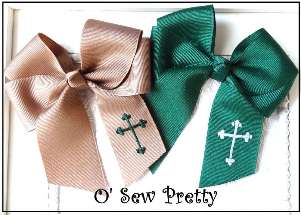 Embroidered Cross School Uniform Hair Bow, Custom Ribbon - Etsy