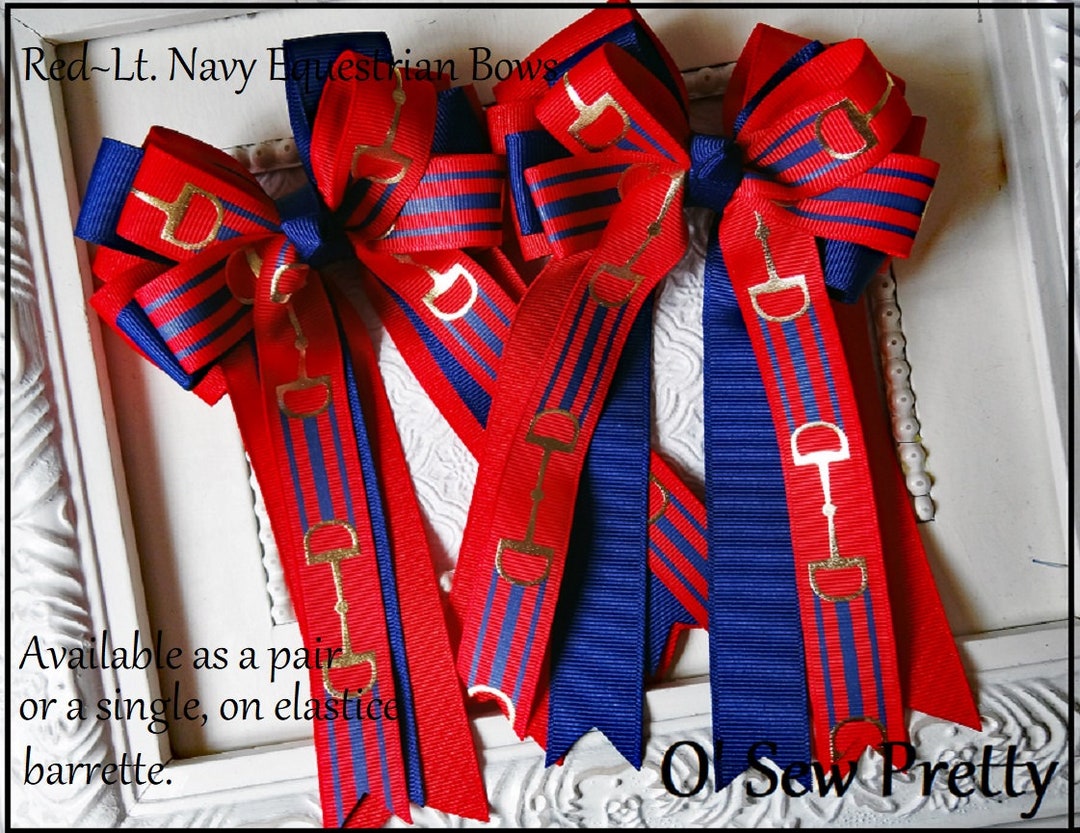 Equestrian Hair Bows, Lt. Navy and Red Snaffle Bit Equestrian Hair Bow, Horse Show Bow, Ponytail ...