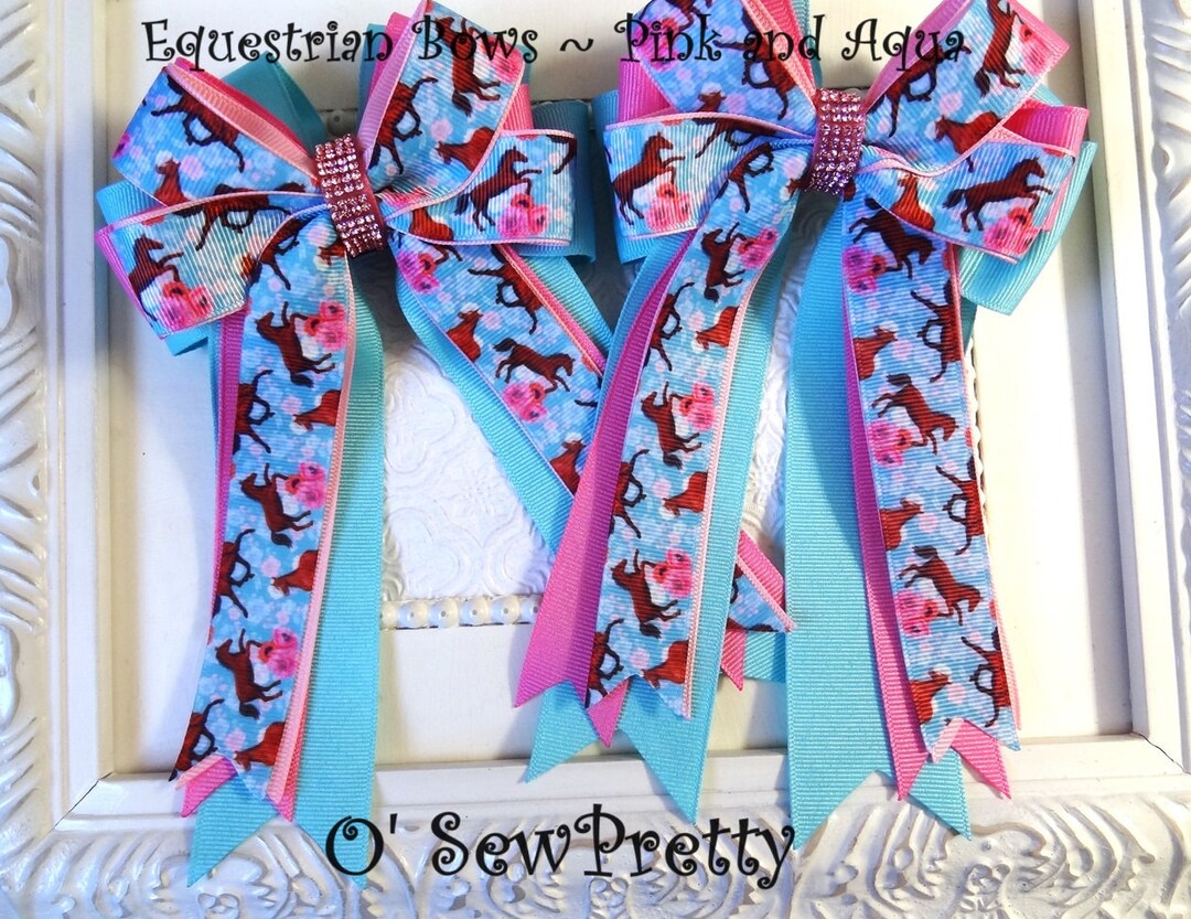 Equestrian Hair Bow, Pink and Aqua, Pony Show Bow - Etsy