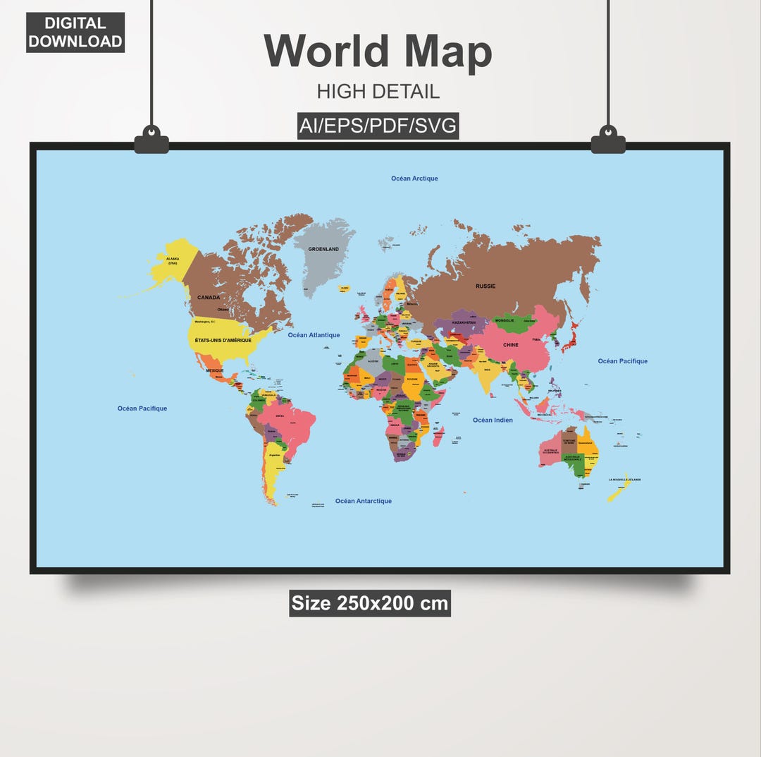 Montessori World Map 150x200cm Printable for Kids Mural With Countries ...