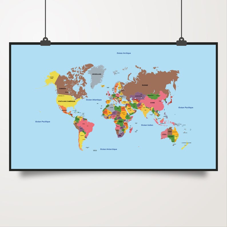 Montessori World Map 150x200cm Printable for Kids Mural With Countries ...