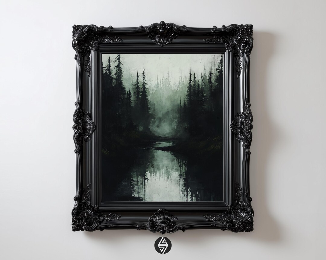 Misty Gothic Pines: Dark Academia Forest Landscape, Foggy River Oil ...
