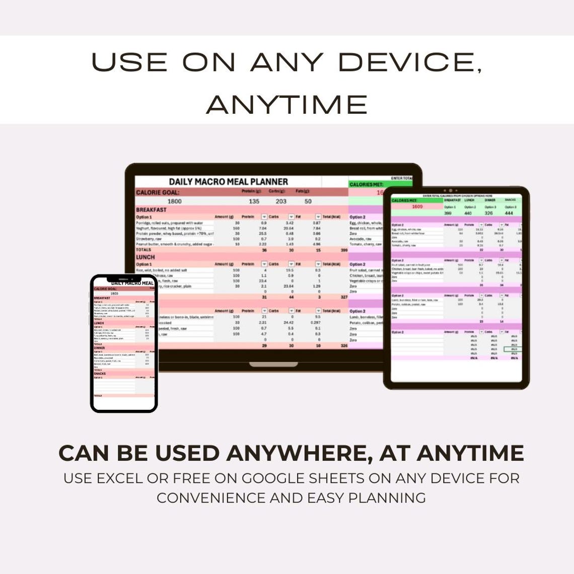 Macro Meal Planner Spreadsheet: Calorie Tracker With Food Database ...
