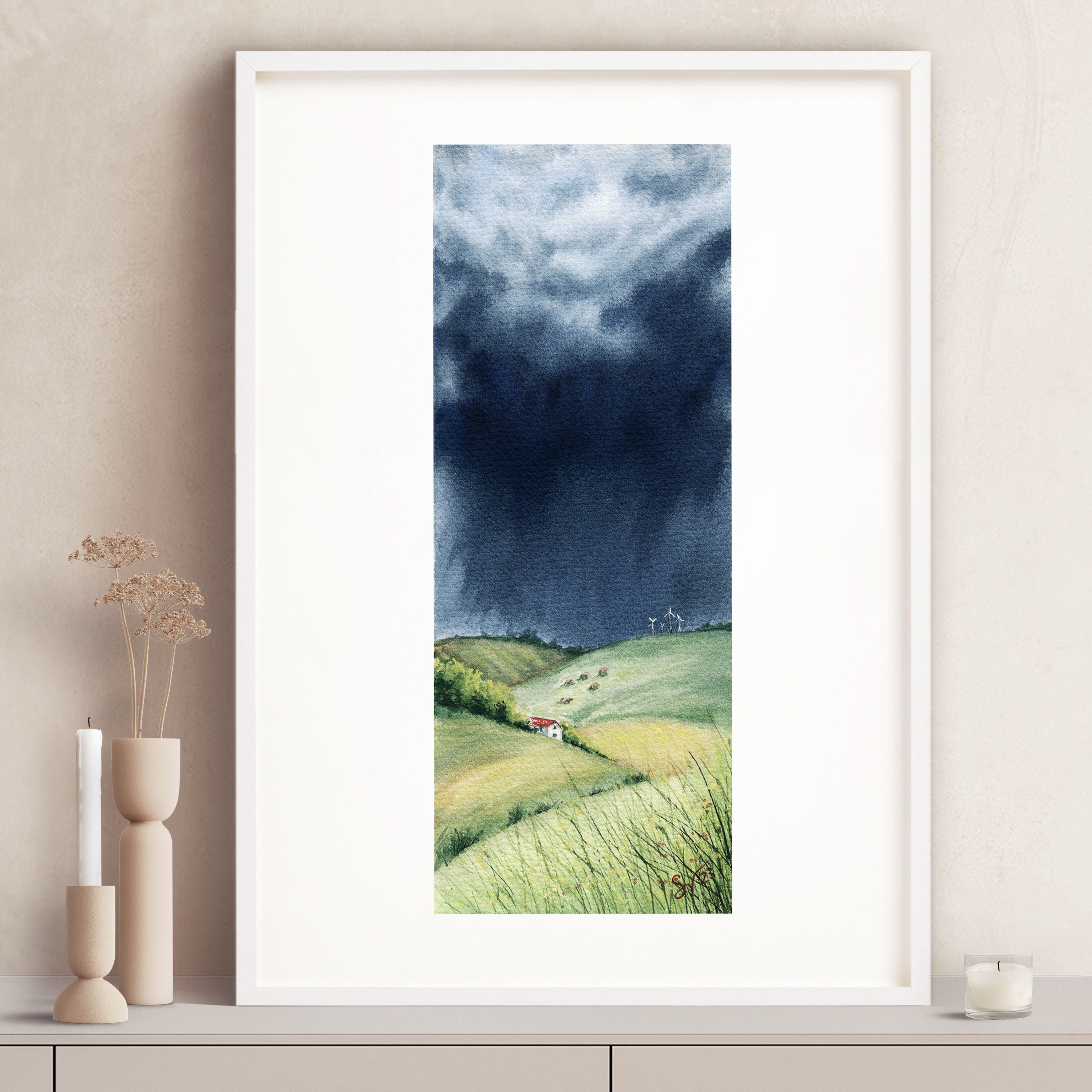 Original Watercolor Landscape Painting: Summer Thunderstorm Art, Indigo ...