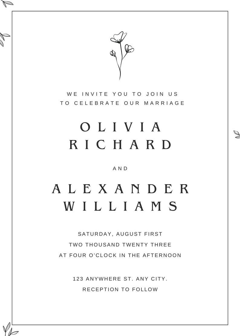 Minimal Flower Sketch Wedding Invitation Template - Etsy