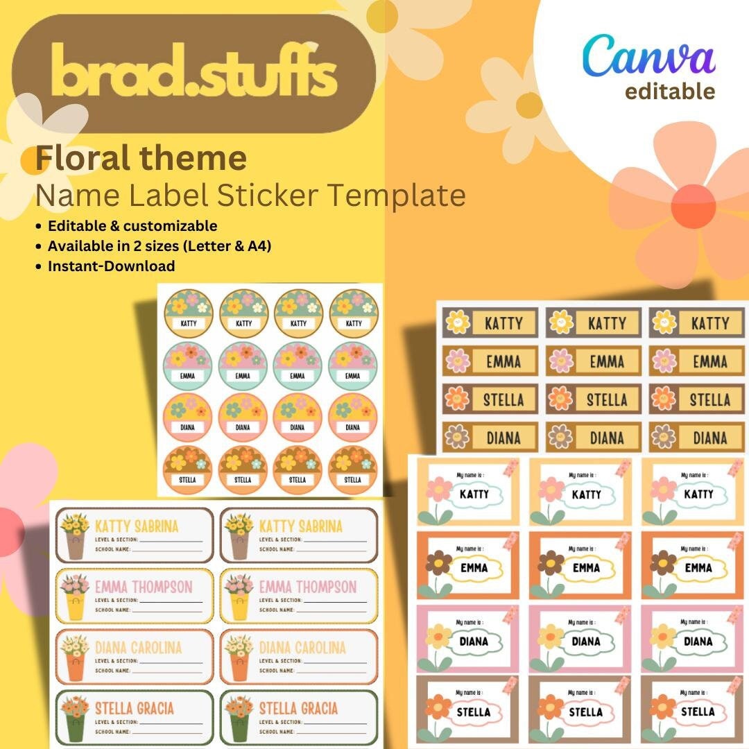 Floral Name Labels / School Supply Labels / Name Labels for School ...