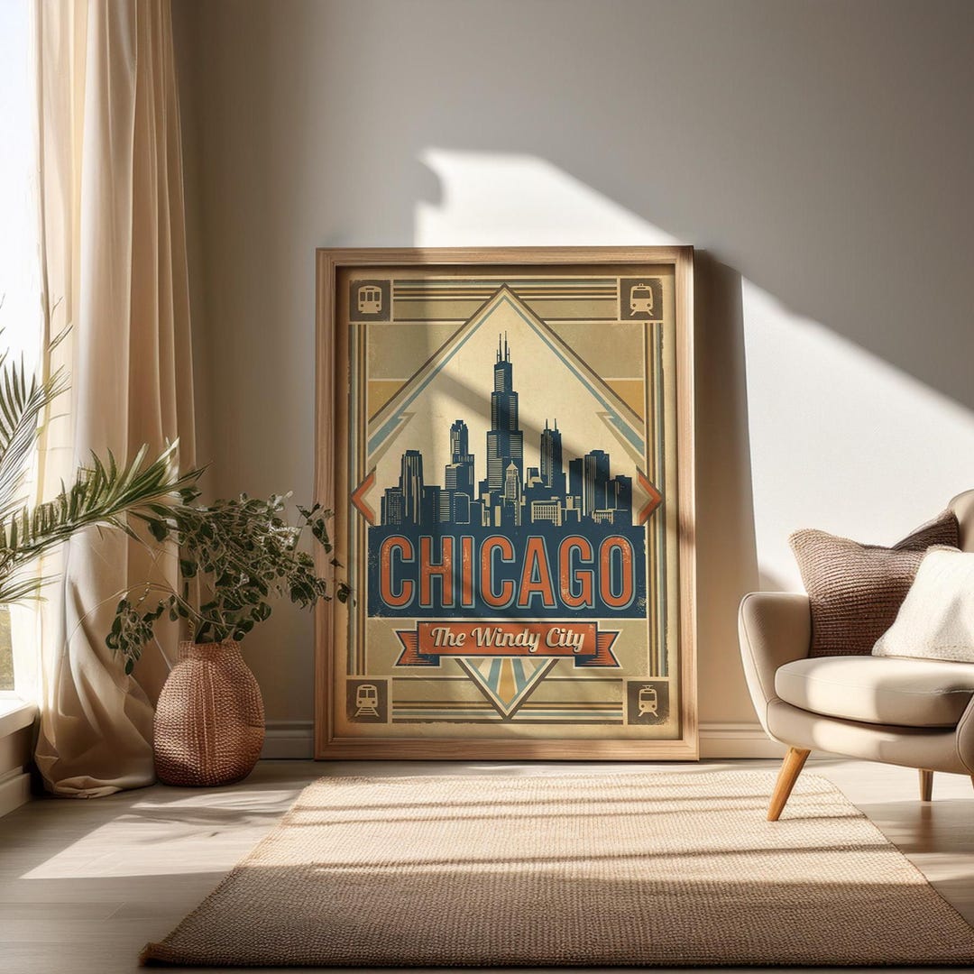 Retro Beige Chicago Print | Neon Cityscape Silhouette (digital Download ...