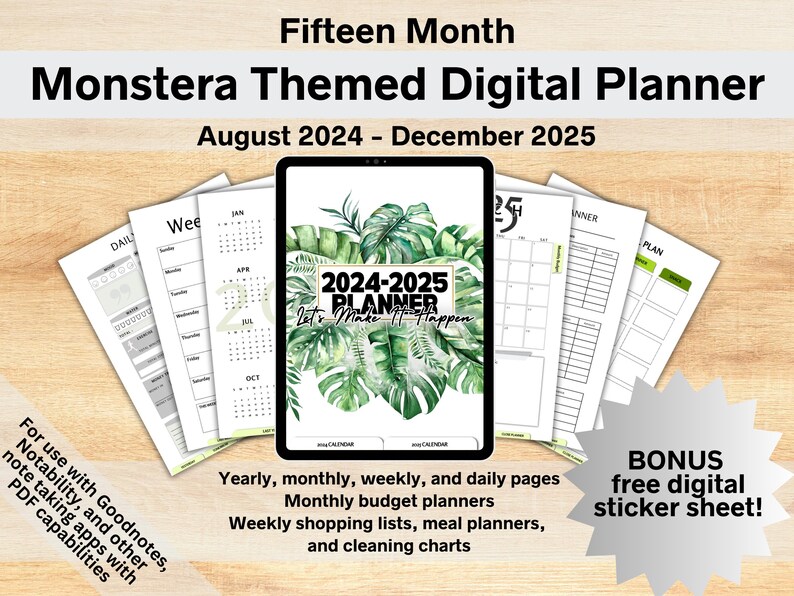 Digital Planner 2024 2025, Monstera Themed, Goodnotes Template, iPad ...