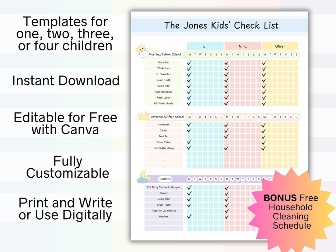 Fully Editable Chore Chart for Kids, Canva Template, Digital Download ...