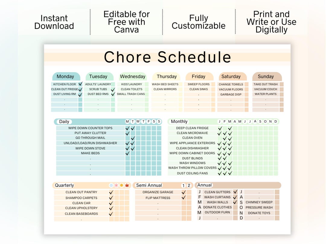 Fully Editable Cleaning Schedule, Chore Chart, Canva Template, Digital ...
